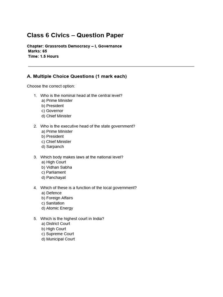 Class 6 Governance: Grassroots Democracy Exam | PDF | Government