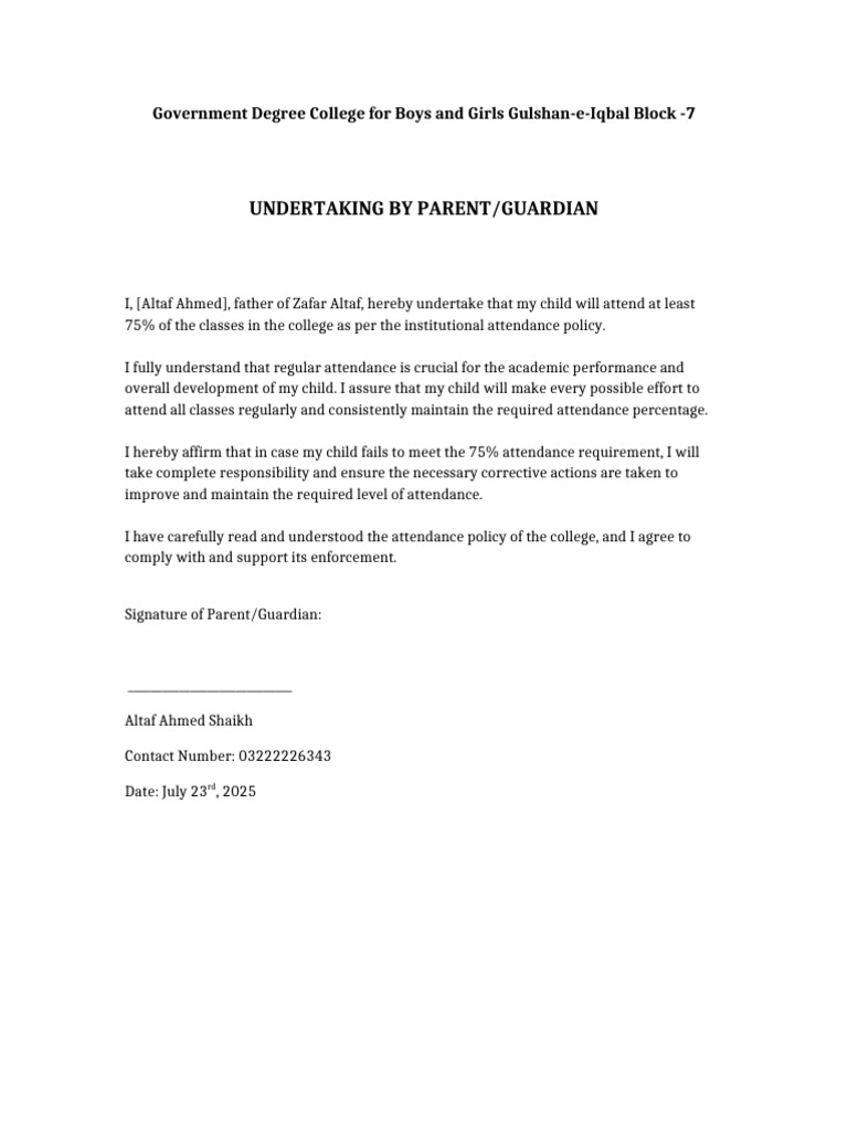Undertaking by Parent Guardian | PDF