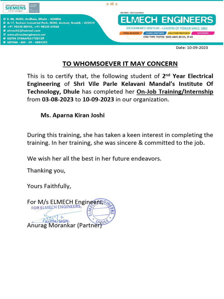 Electrical Engineering Internship Certificate | PDF