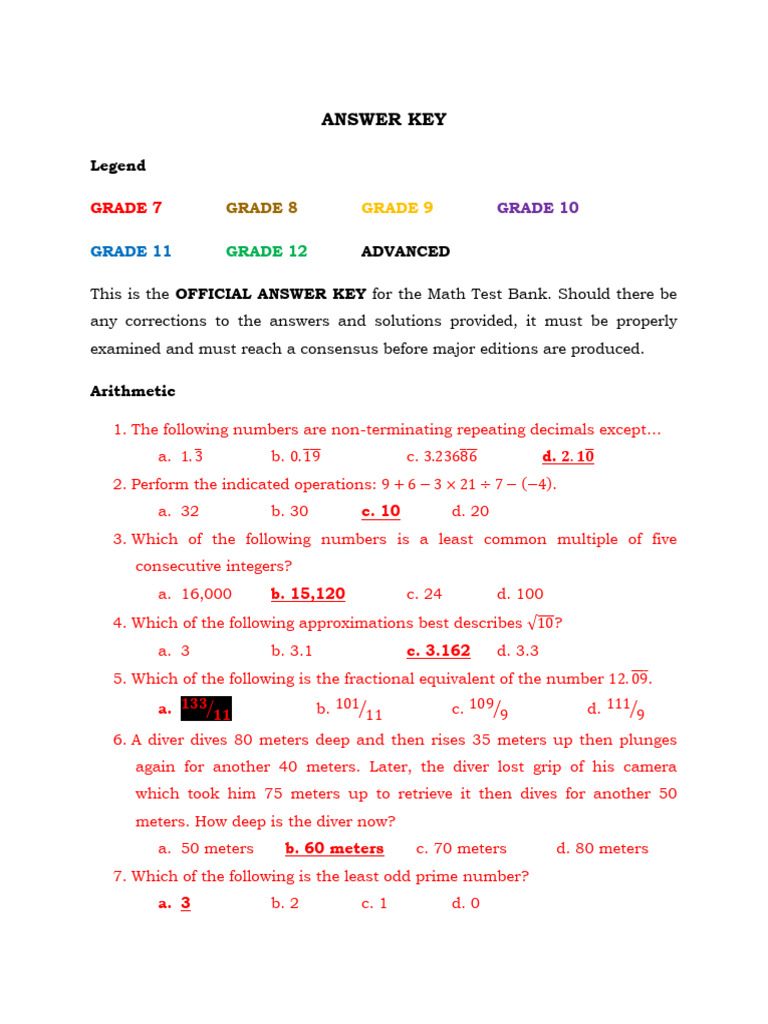 Math Test Bank Answer Key | PDF | Numbers | Interest
