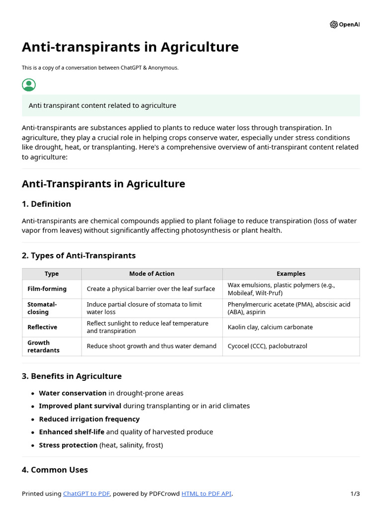 Anti-Transpirants in Agriculture | PDF | Agriculture | Stoma