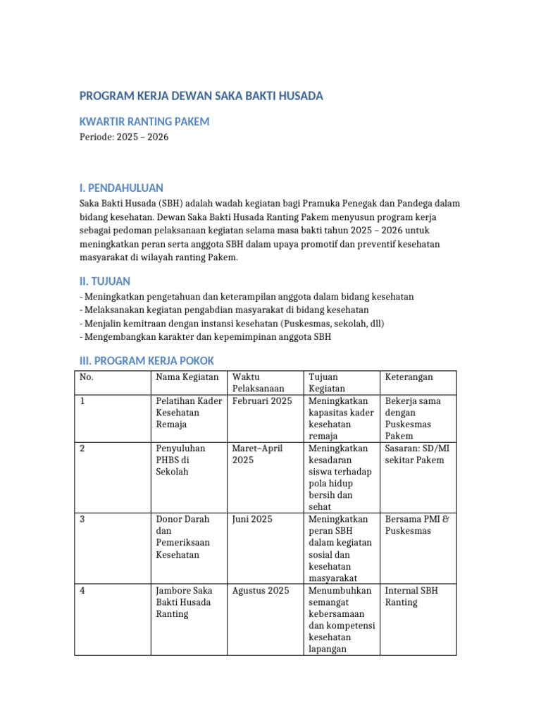 Program Kerja SBH Ranting Pakem 2025-2026 | PDF