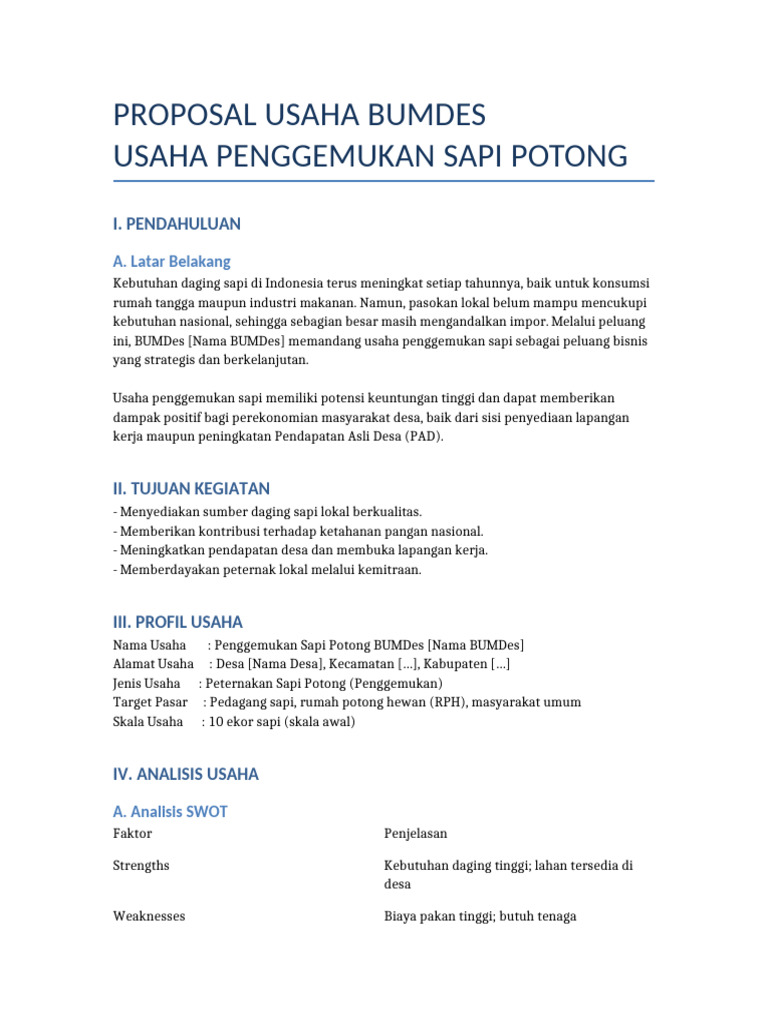 Proposal Usaha BUMDes Penggemukan Sapi | PDF