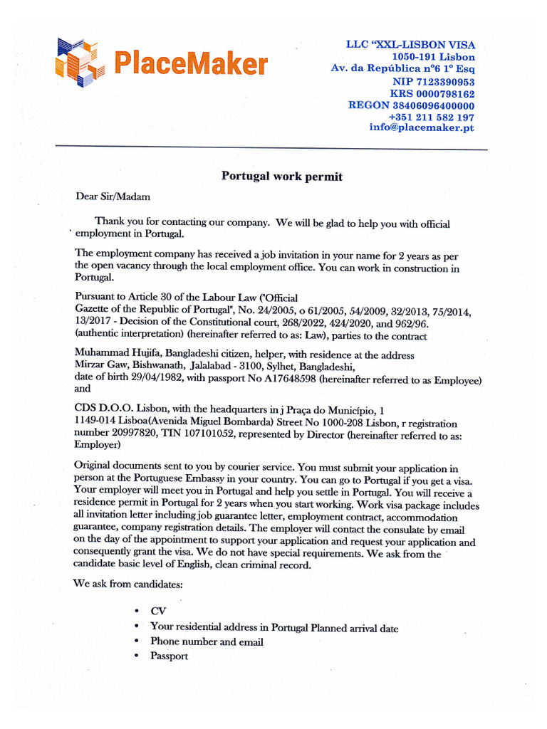 Portugal Work Permit A17648598. | PDF