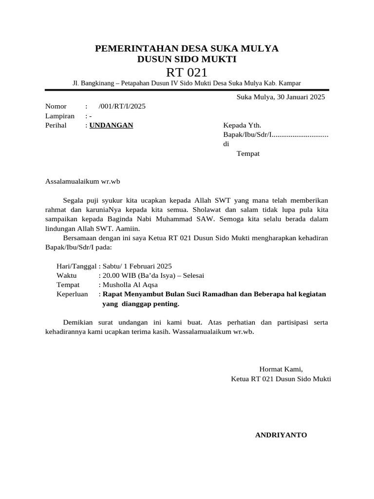 Undangan Rapat RT 021 Sido Mukti | PDF