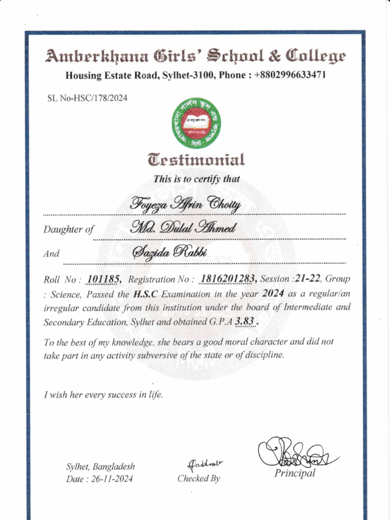 HSC Testimonial for Amberkhana School | PDF