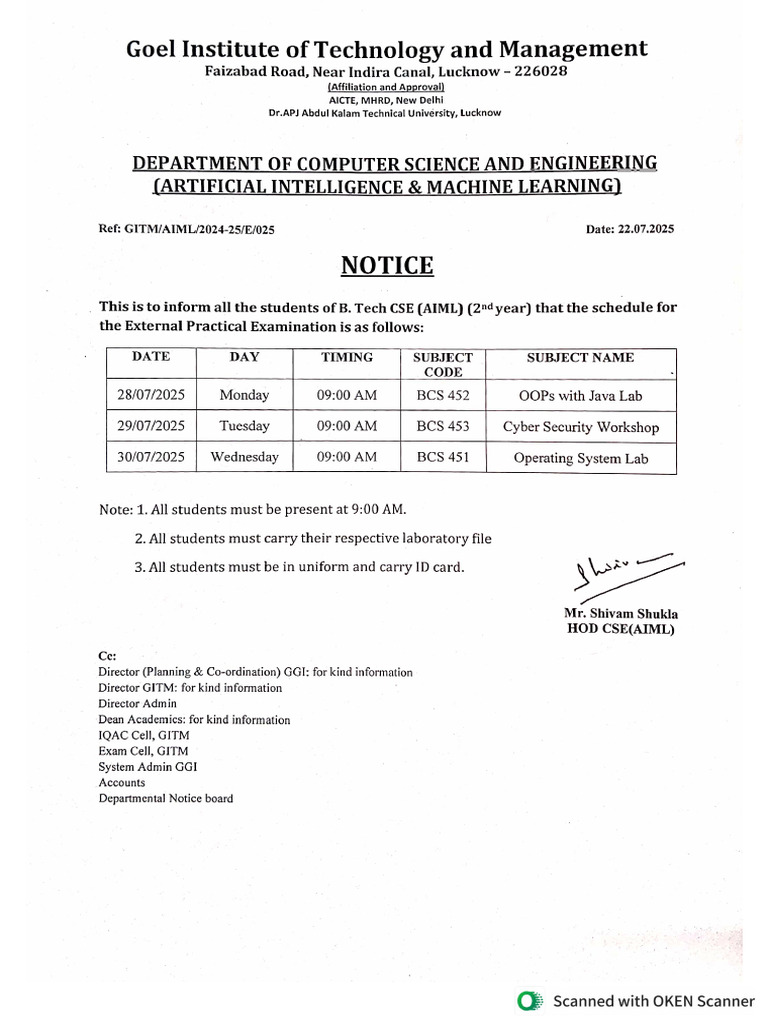 External Practical Notice AIML | PDF