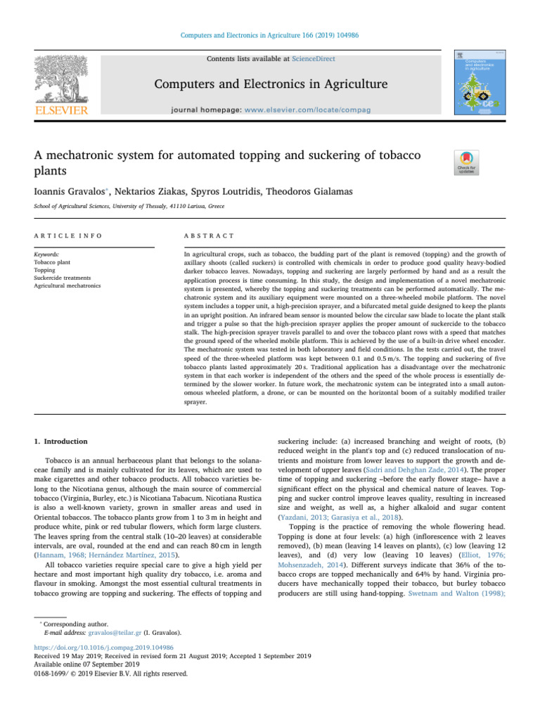 A Mechatronic System For Automated Topping and Suckering of Tobacco ...
