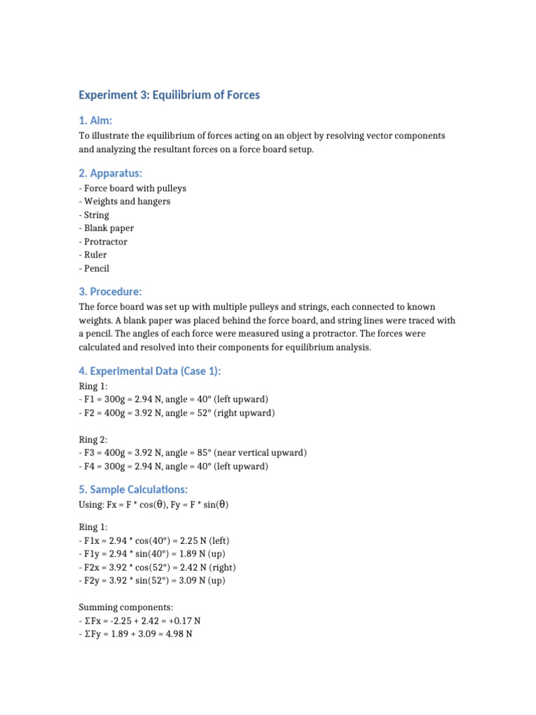 Equilibrium of Forces Experiment Analysis | PDF