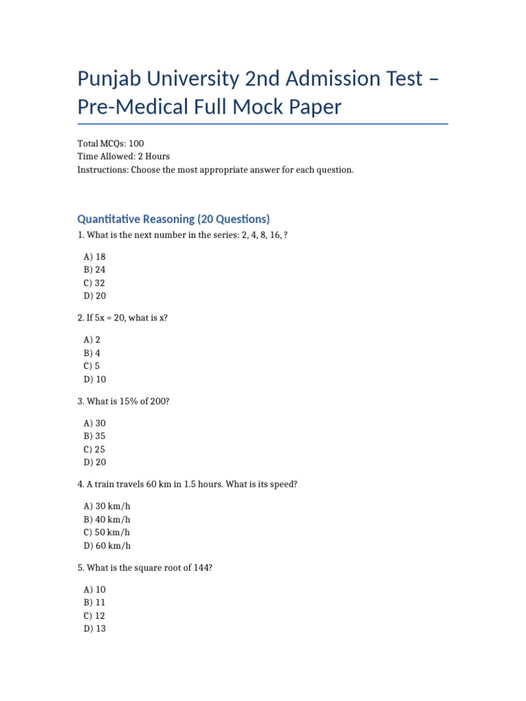 Punjab University Pre-Medical Mock Test | PDF | Hydrochloric Acid | Acid
