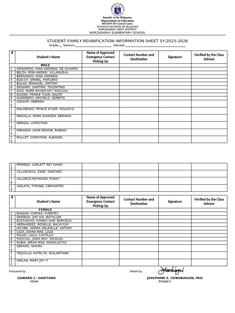 Student-Family Reunification Form 2025-2026 | PDF