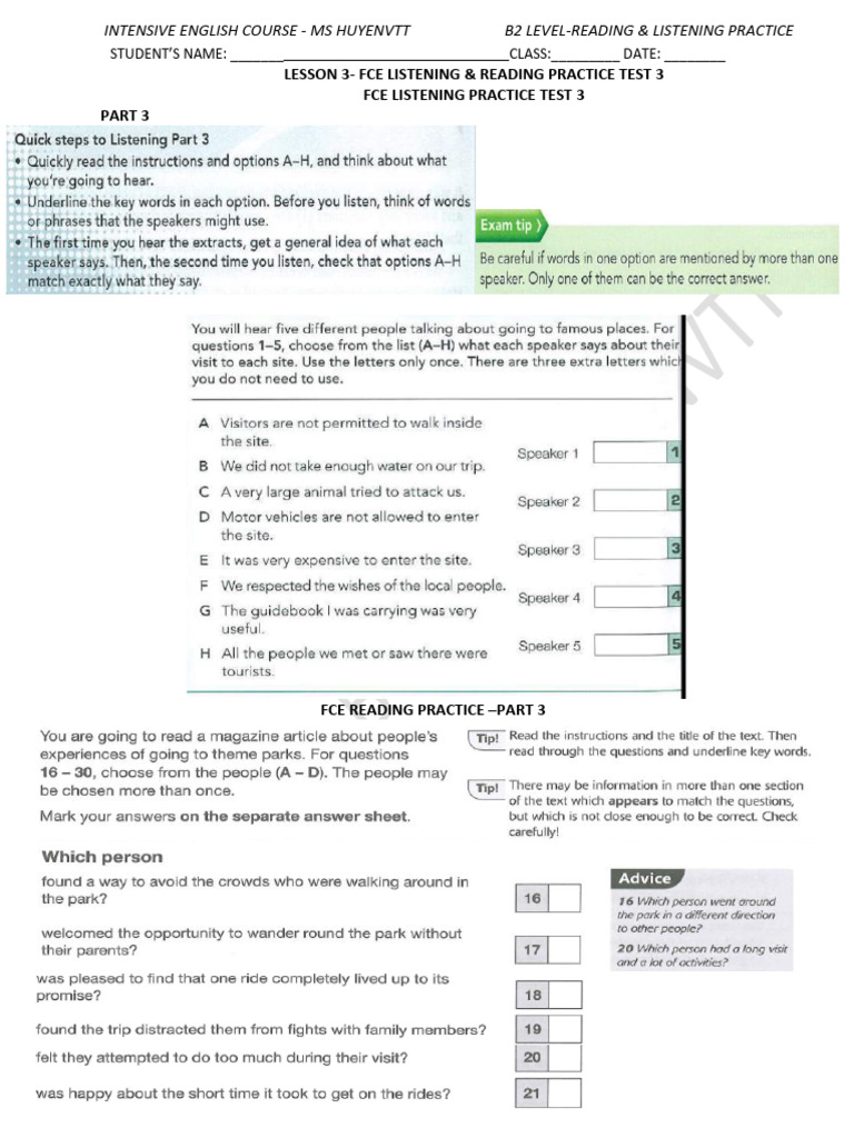 FCE Listening & Reading Test 3 | PDF
