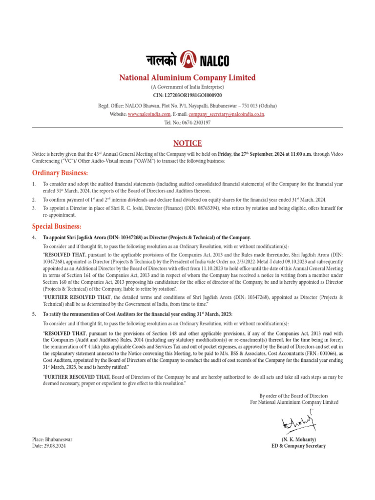 NALCO 43rd AGM Notice 2024 | PDF | Login | Audit