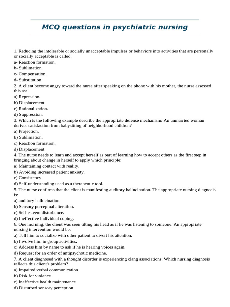 MCQ Questions in Psychiatric Nursing | PDF | Attention Deficit ...