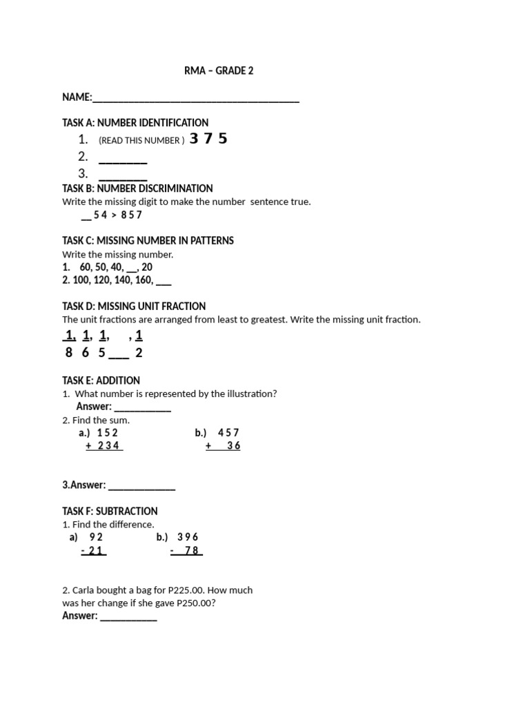 Grade 2 Math RMA Worksheets | PDF