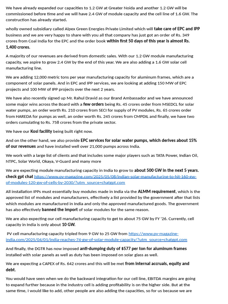 Alpex Solar Concall Summary | PDF | Photovoltaics | Solar Power