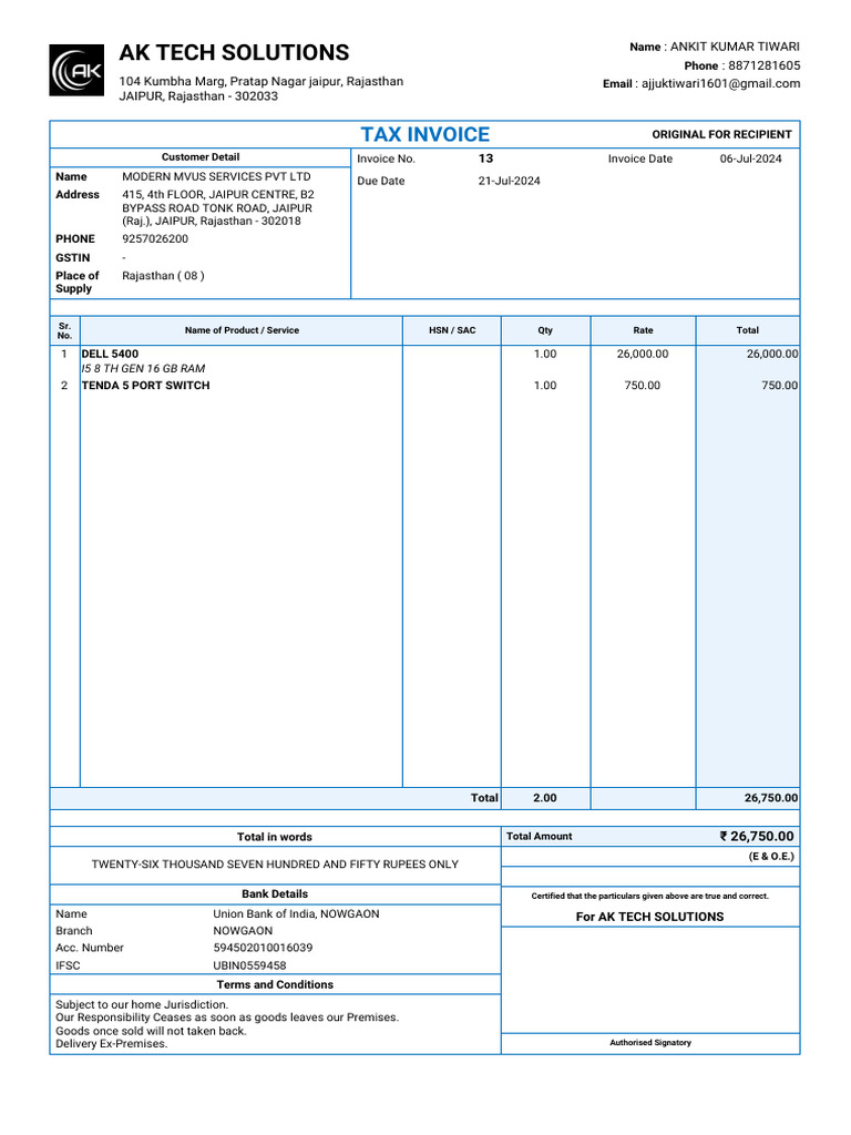 Invoice for Modern MVUS Services Pvt Ltd | PDF