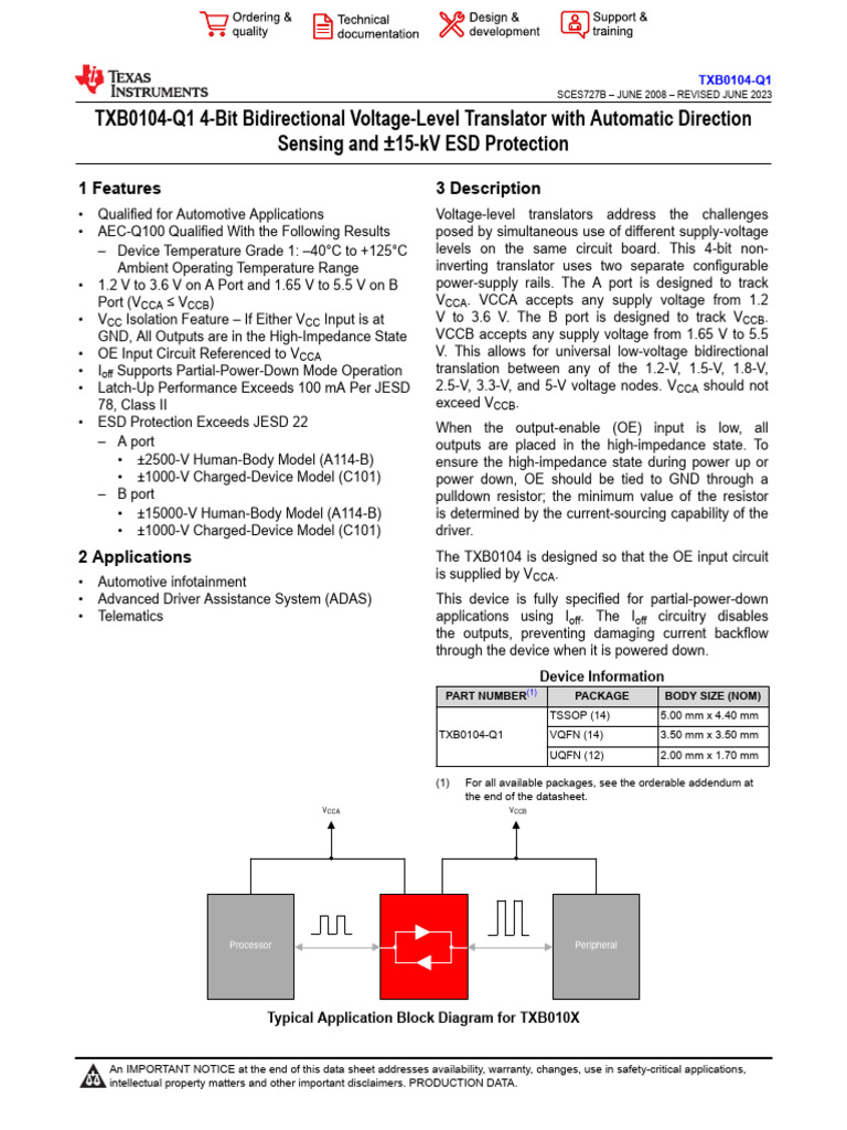 TXB0104-Q1 Bi Directonal Voltage Level Translator | PDF | Electrostatic ...