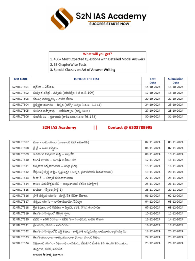 ChapterWise Test Series - TimeTable | PDF
