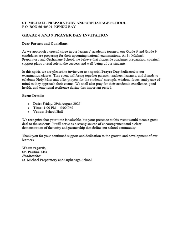 Grade 6 & 9 Prayer Day Invitation | PDF