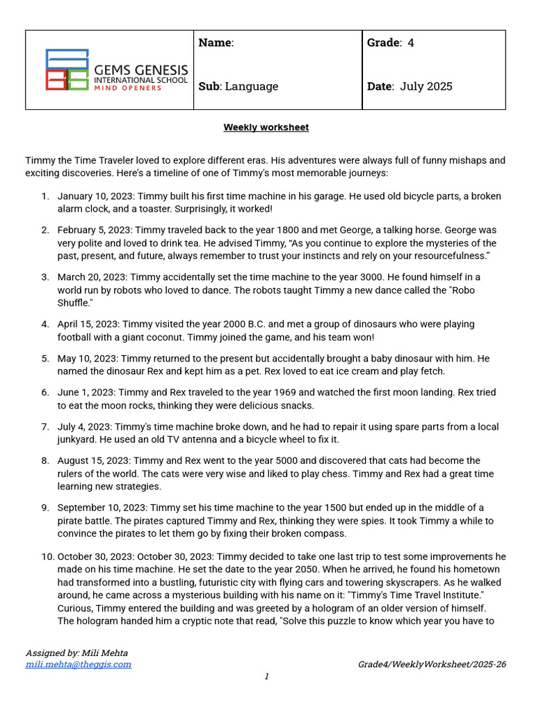 Gr4 Weekly Worksheet RC July 2025-26 | PDF