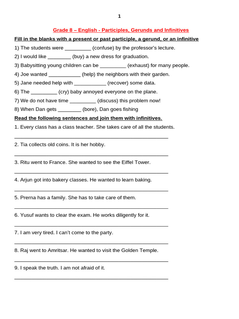 Gerunds and Infinitives Worksheet for 8th Grade | PDF | Linguistics ...