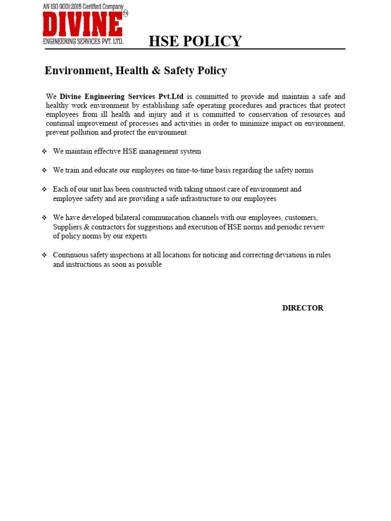 HSE Policy for Safe Work Environment | PDF