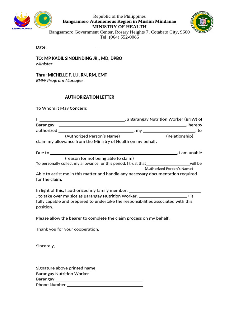 BNW Authorization Letter Template | PDF