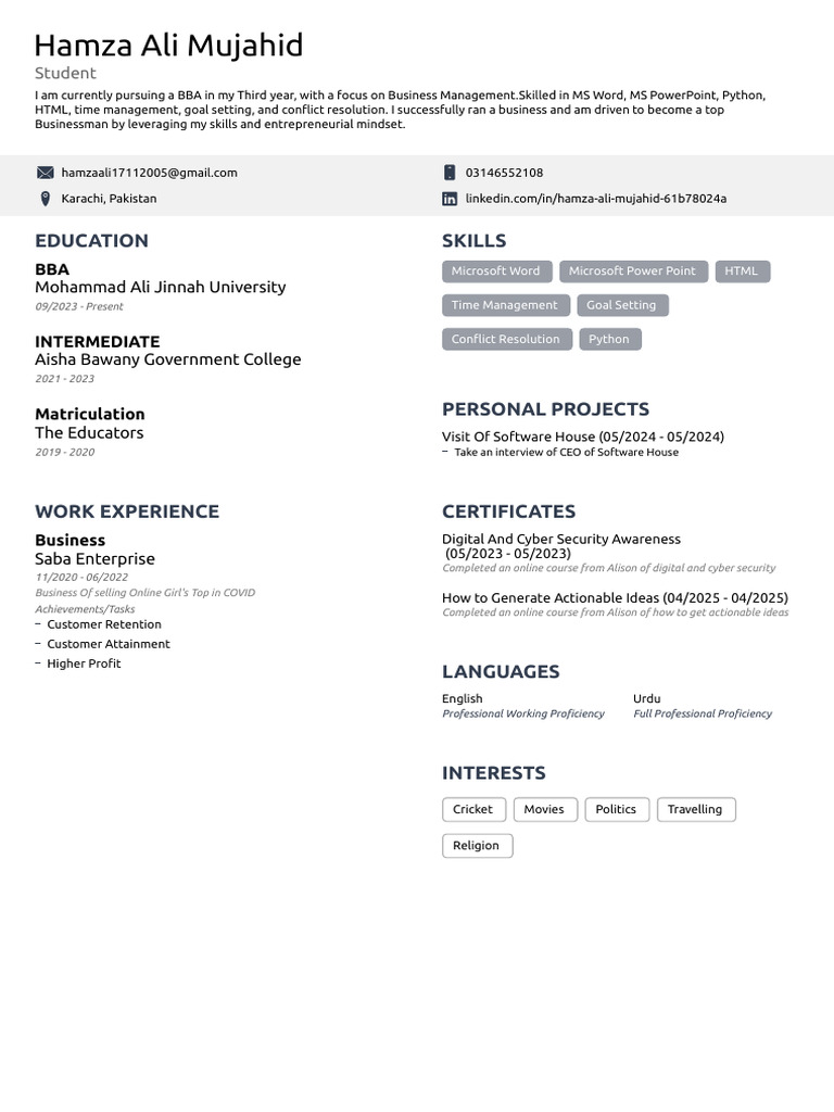 Hamza Ali Mujahid Resume | PDF