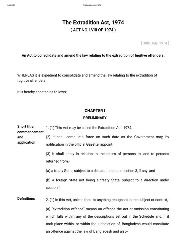 Extradition Act of Bangladesh, 1974 | PDF | Arrest Warrant | Extradition