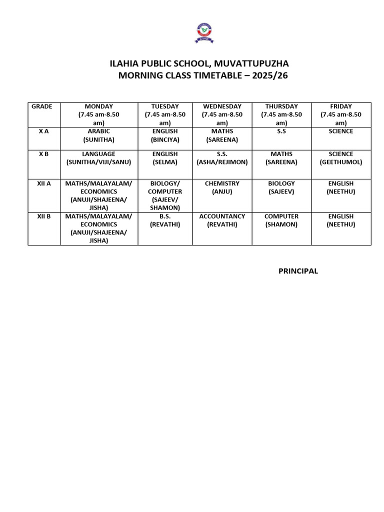 Morning Class Timetable Grade X & Xii N | PDF