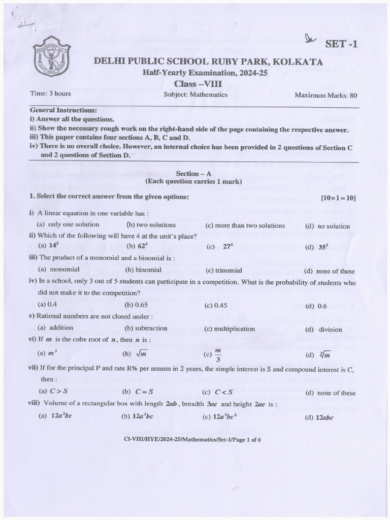 CL 8 Half Yearly Maths 2024-25 | PDF
