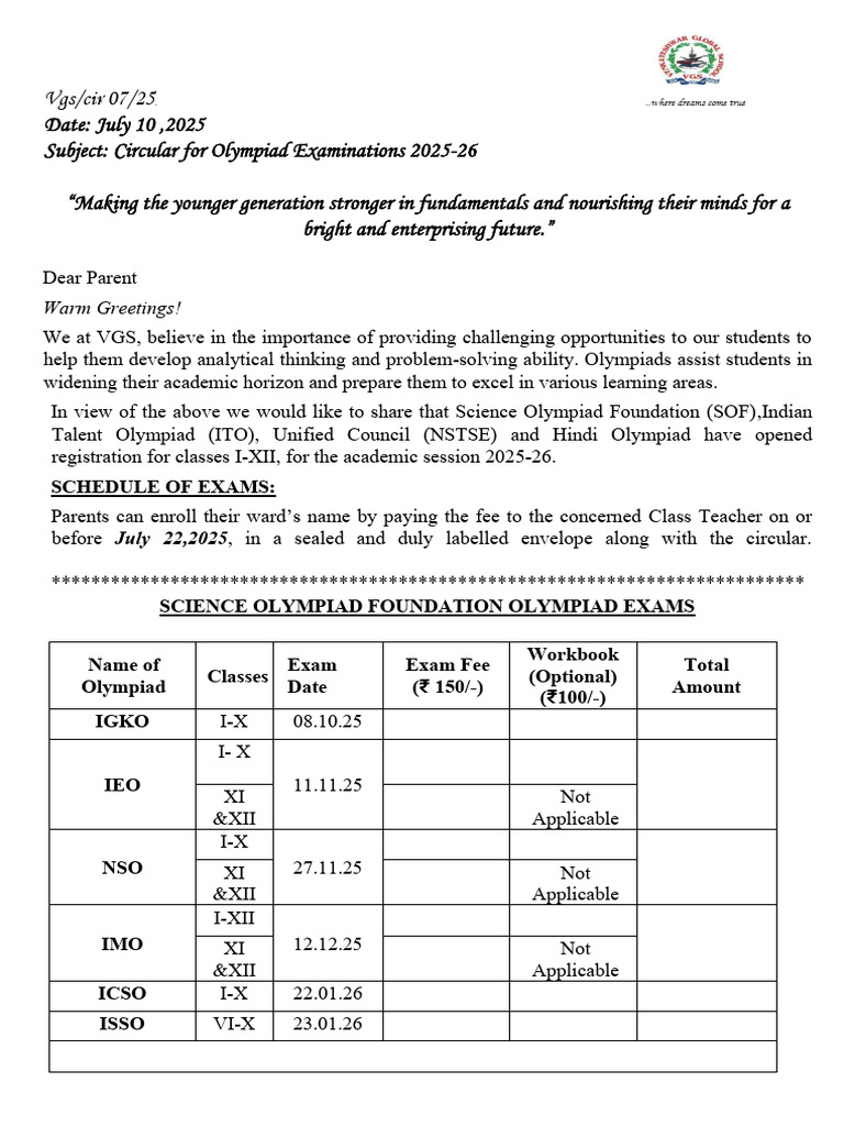 Olympiad Circular 2025-26 | PDF