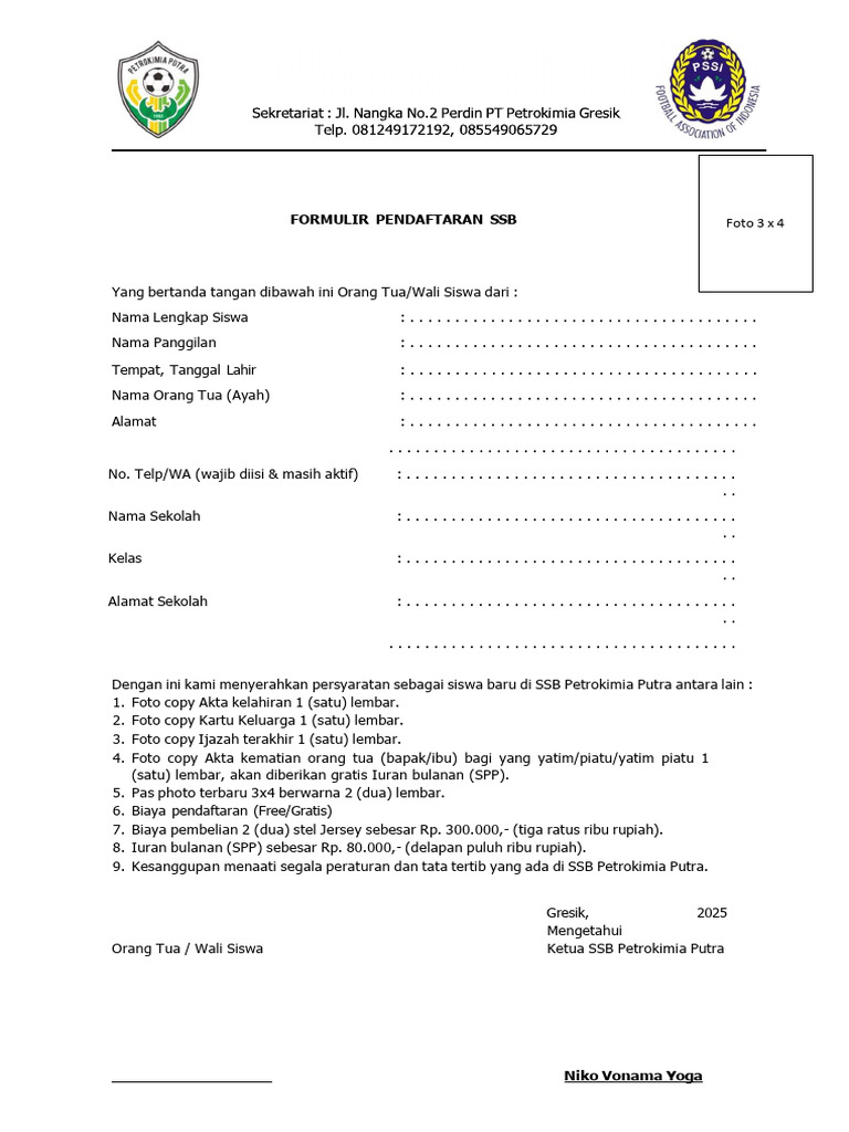 Formulir Pendaftaran SSB 2025 | PDF