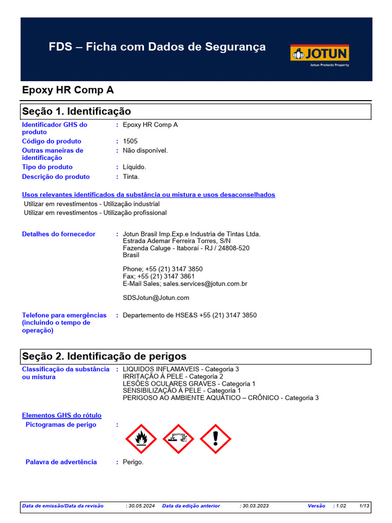 Ficha de Dados de Segurança: Epoxy HR Comp A | PDF | Desperdício ...