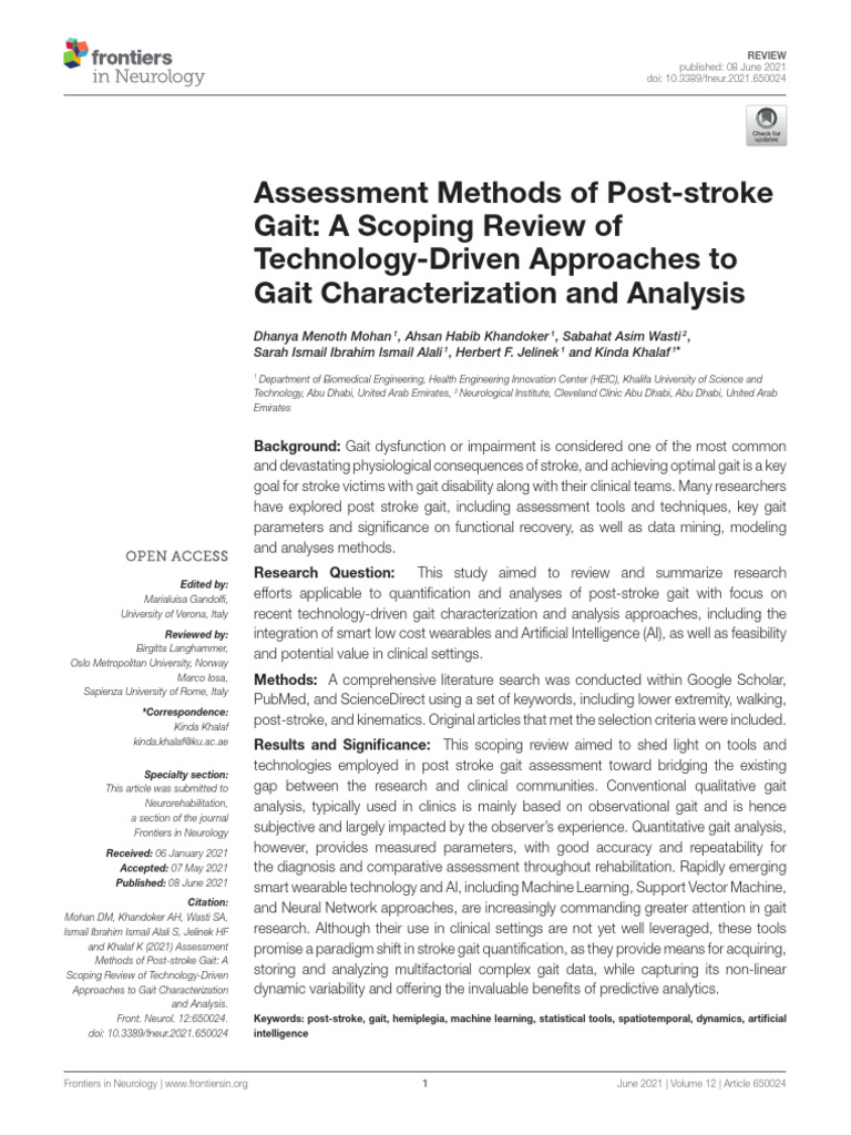 5 Assessment Methods of Post-Stroke Gait A Scoping Review of Technology-Driven Approaches To ...