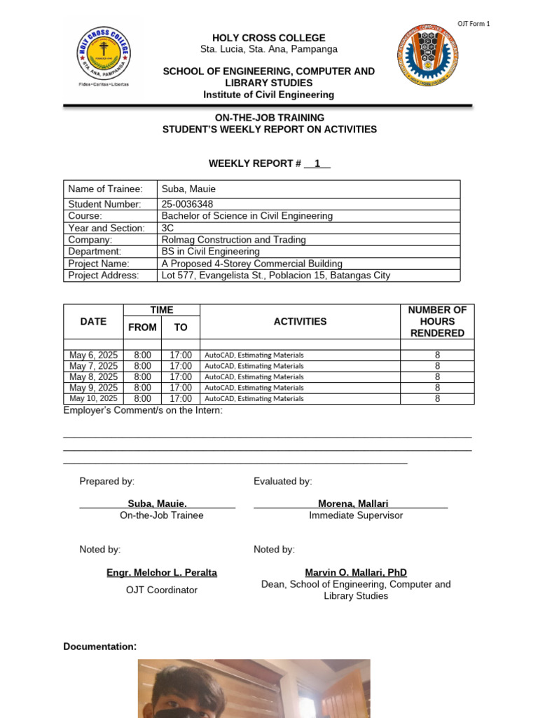 SUBA OJT Form 1 Sample Weekly Report 1 | PDF | Engineering