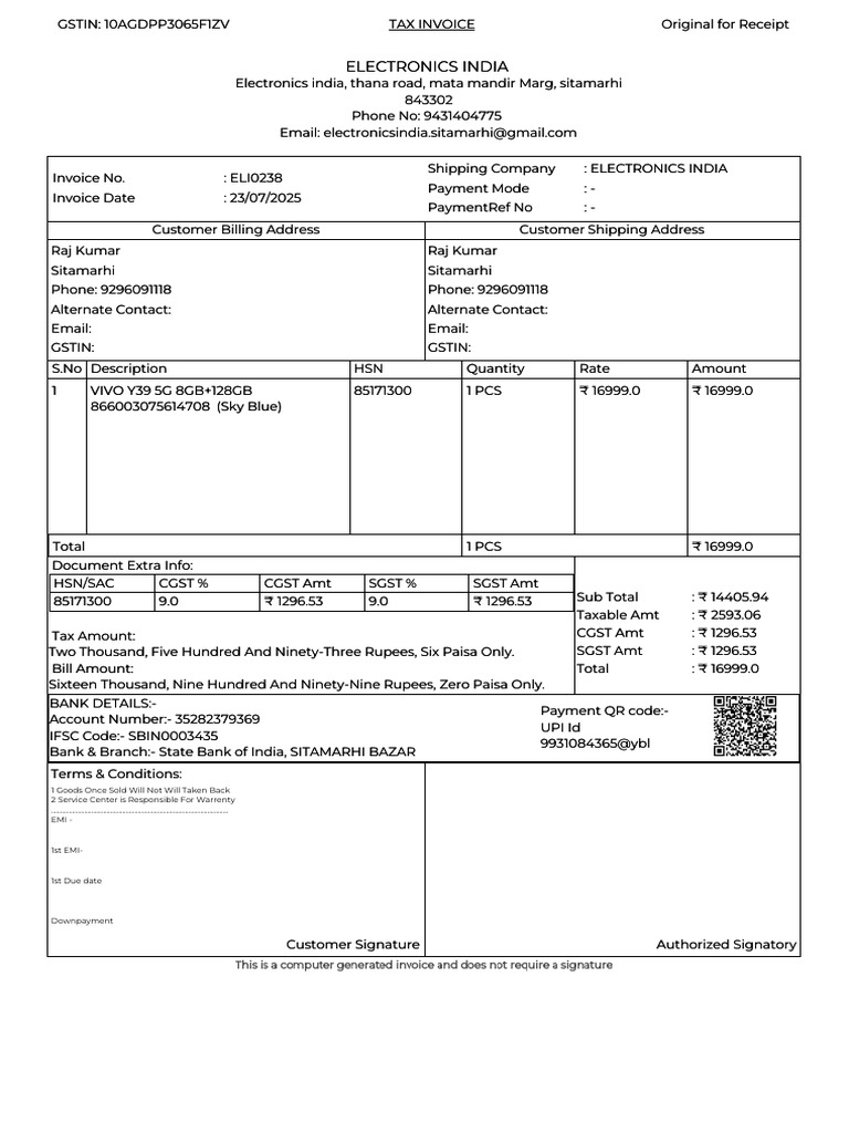 Vivo Y39 5G Invoice - July 2025 | PDF | Invoice | Taxes