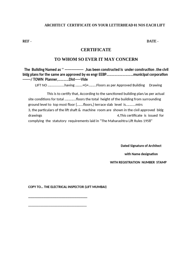 Architect Certificate On Your Letterhead 01 Nos Each Lift - Docx022 | PDF