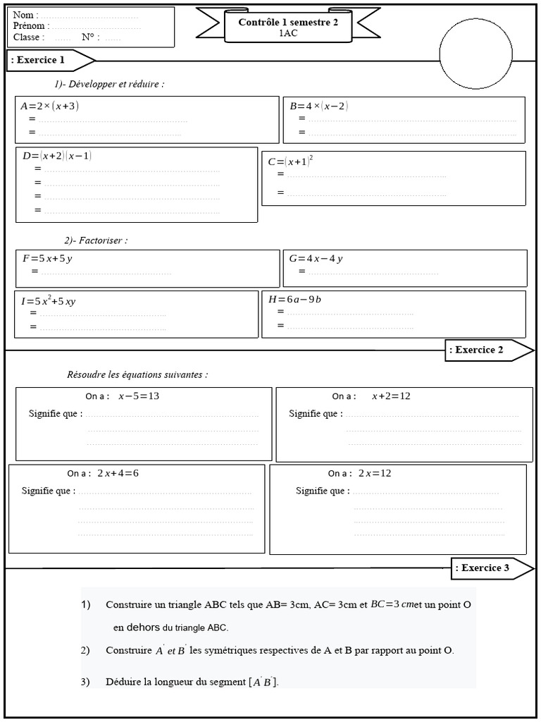 Devoir N1 Maths 2AC Semestre 2 Modele 3 | PDF
