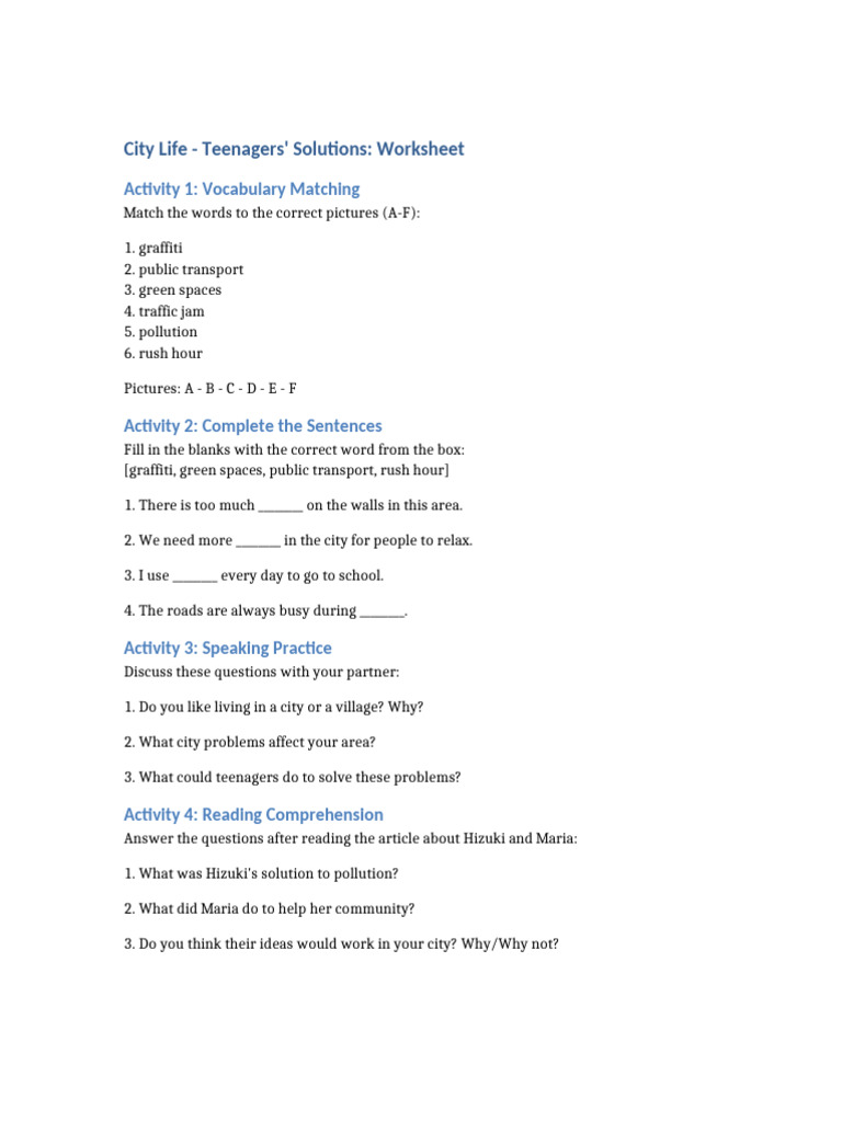 City Life Worksheet | PDF