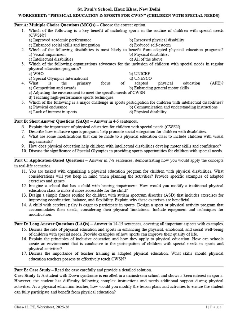 Class 12 Unit-4 Pe Worksheet New | PDF | Special Education | Physical Education