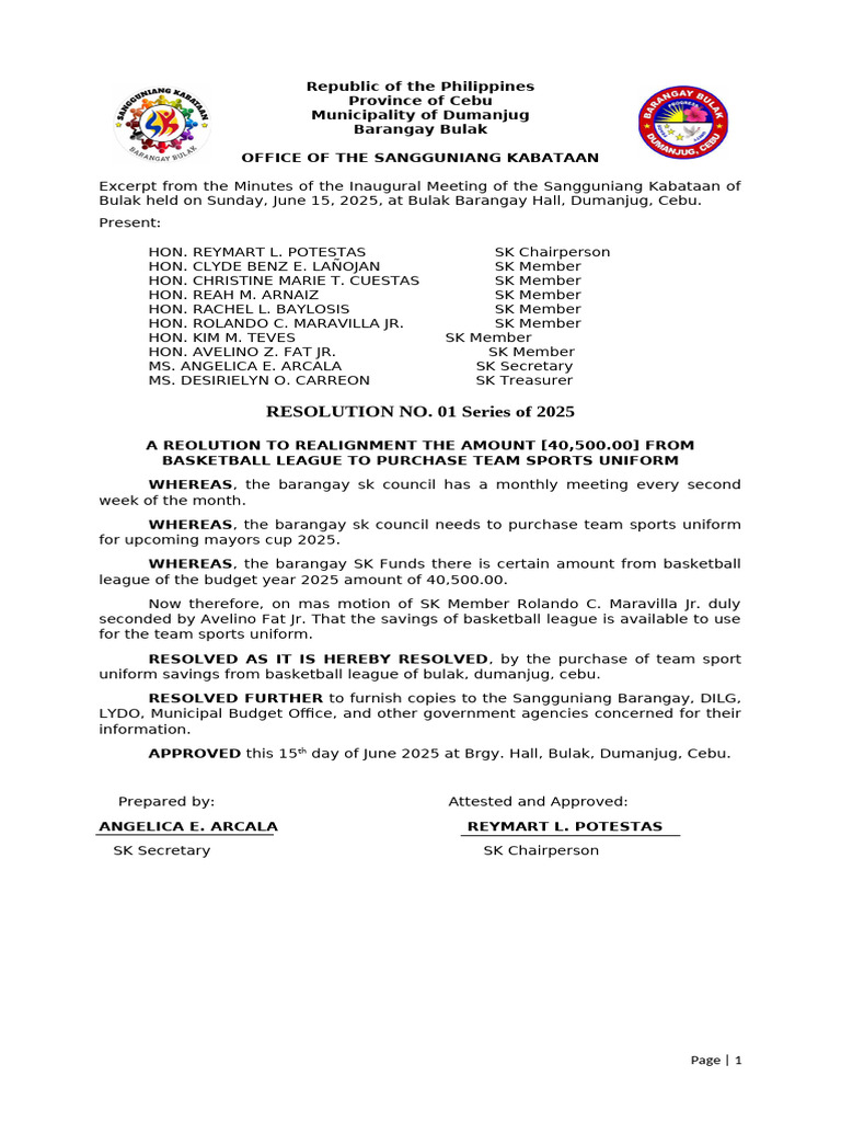 SK Meeting Minutes and Resolution 2025 | PDF