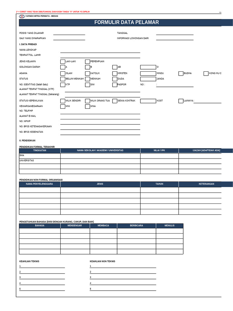 Formulir Data Pelamar - PT Ymp (Medan) | PDF