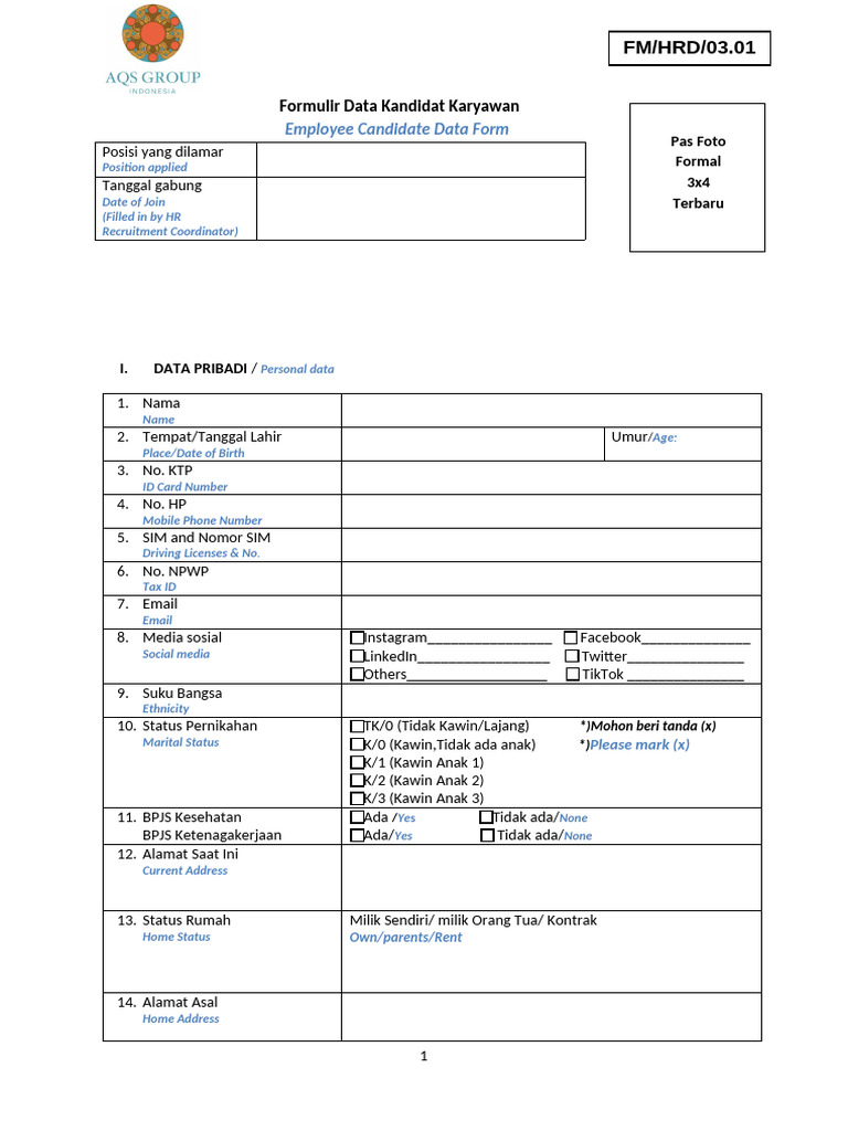 Employee Candidate Data Form (FM - hrd.03.01) | PDF