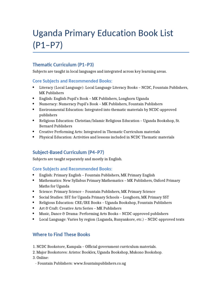 Uganda Primary Education Book List | PDF
