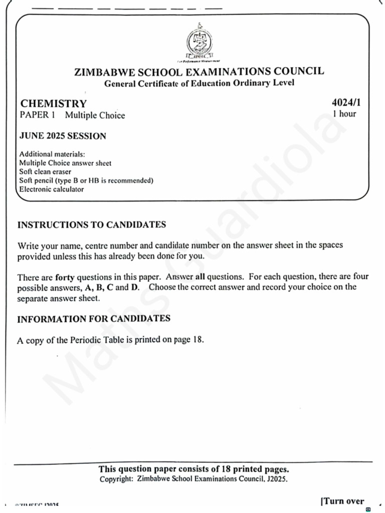 O Level Chemistry June 2025 Paper 1 | PDF