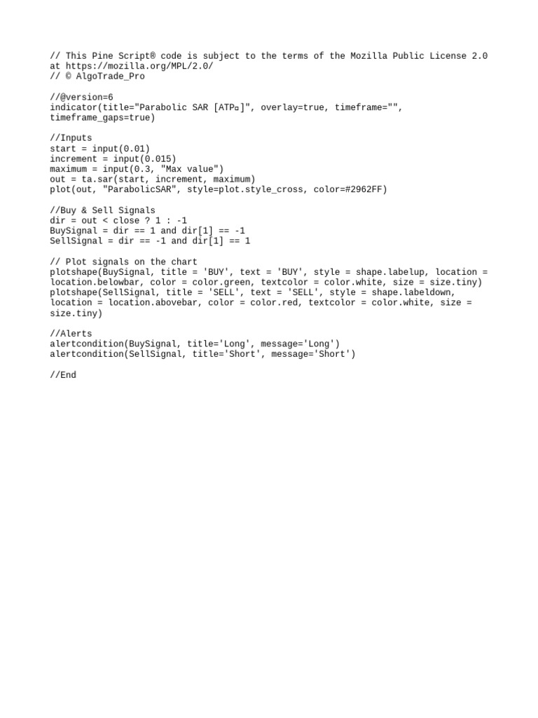 Parabolic - SAR With Signals&Alerts PineScript Code v6 | PDF