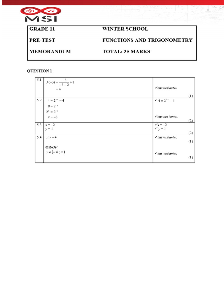 Winter School Grade 11 Trig and Functions Memo | PDF | Trigonometry ...