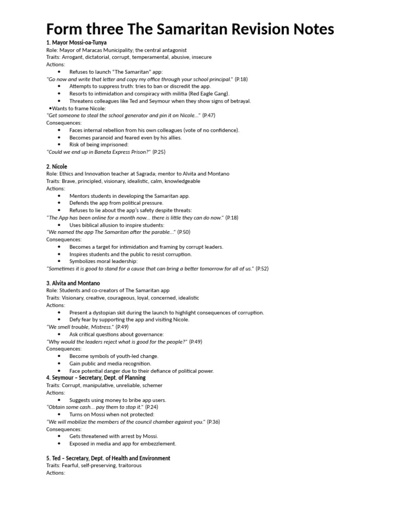 Form Three The Samaritan Revision Notes | PDF | Corruption | Bribery